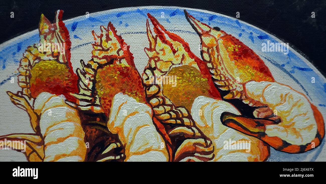 Art painting Acrylic color Realistic Grilled River Prawn sea Food from ...