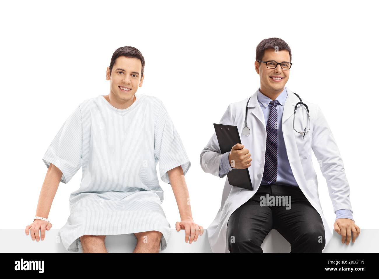 Male doctor and a young male patient sitting on a panel isolated on ...