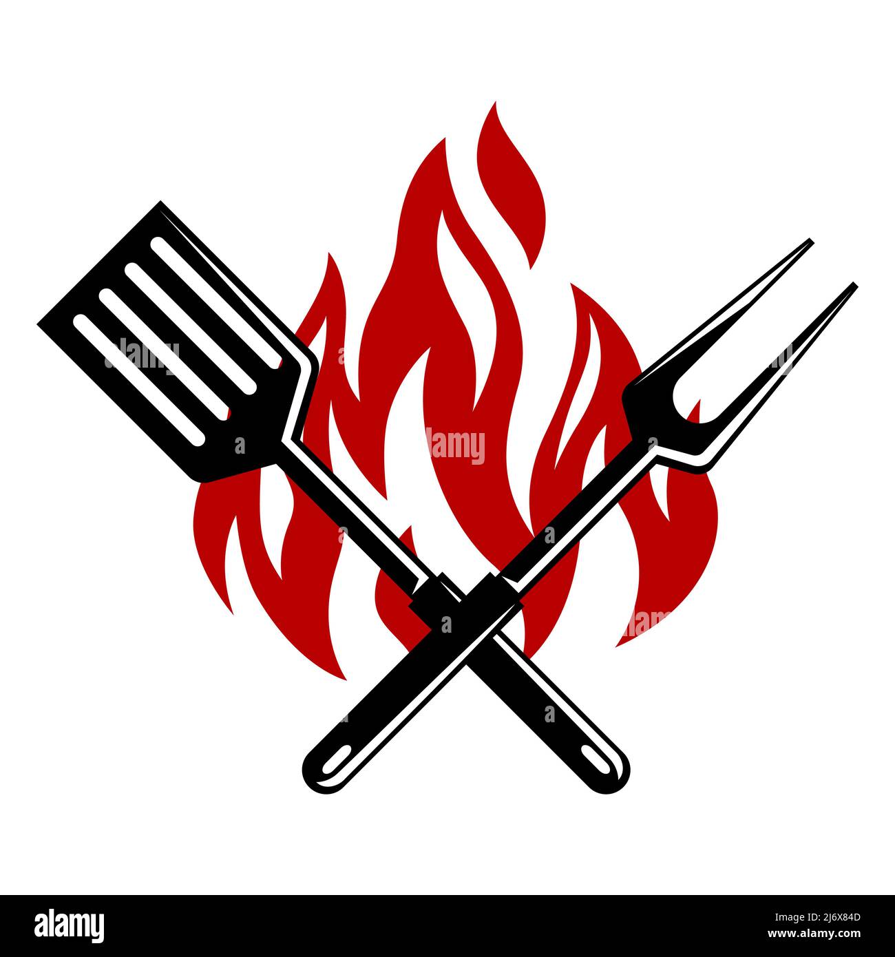Bbq illustration with fire, spatula and fork. Stylized kitchen and ...