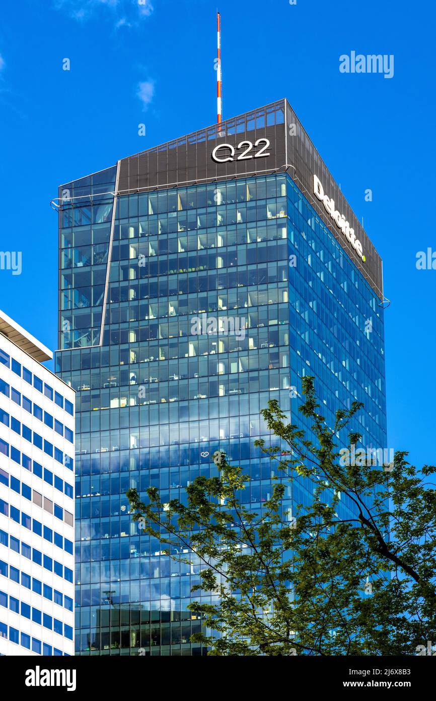 Warsaw, Poland - May 22, 2020: Top of Q22 office tower at John Paul II ...