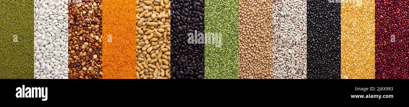 Banner of different types of legumes , chickpeas and peas, colorful ...