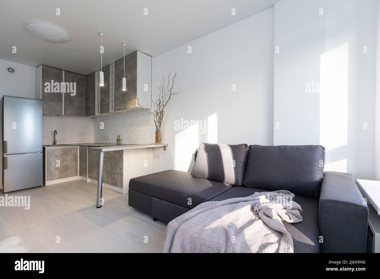 Modern minimalistic dark gray loft style studio apartment interior ...