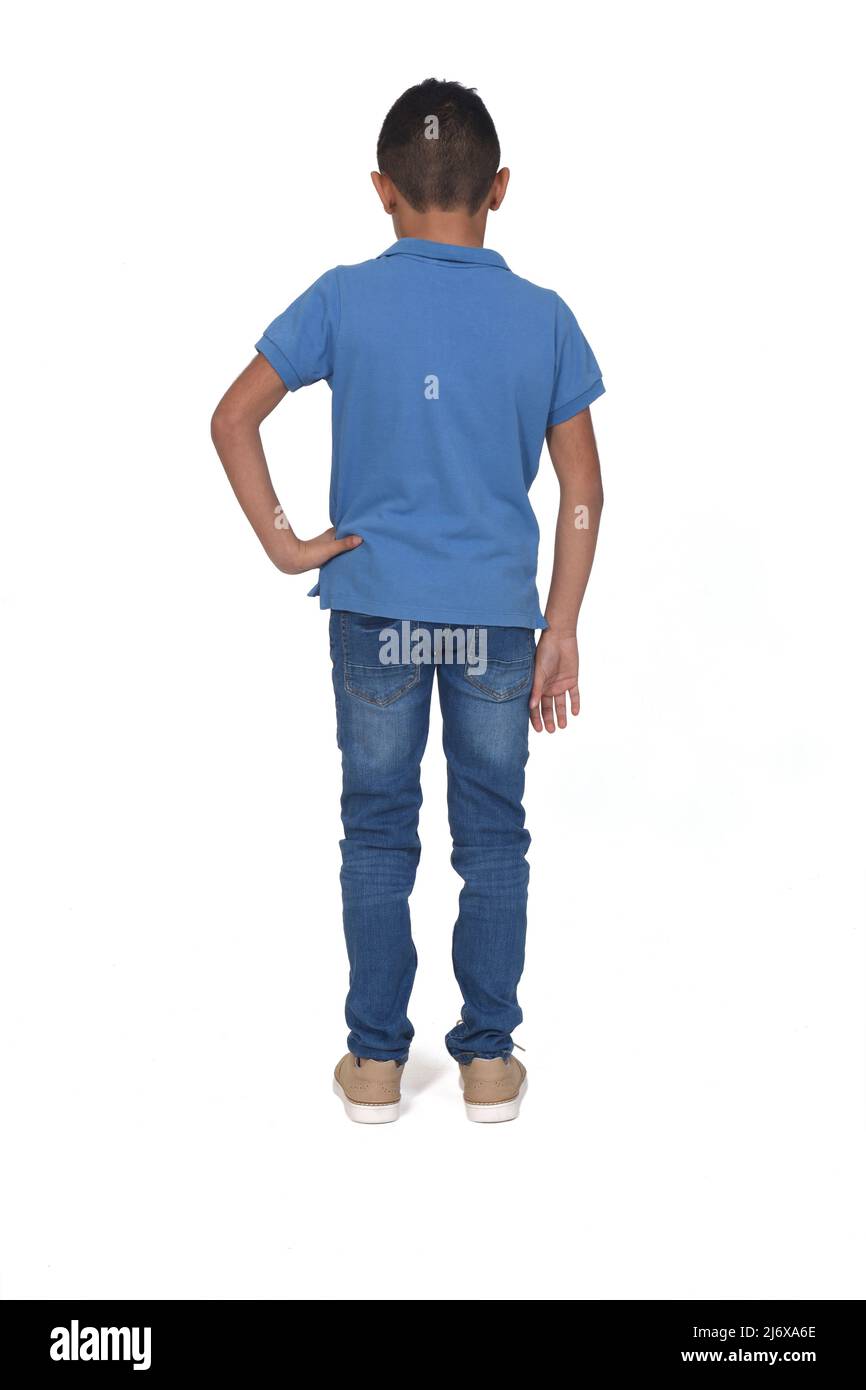 rear view of boy with hand hip on back on white background Stock Photo ...
