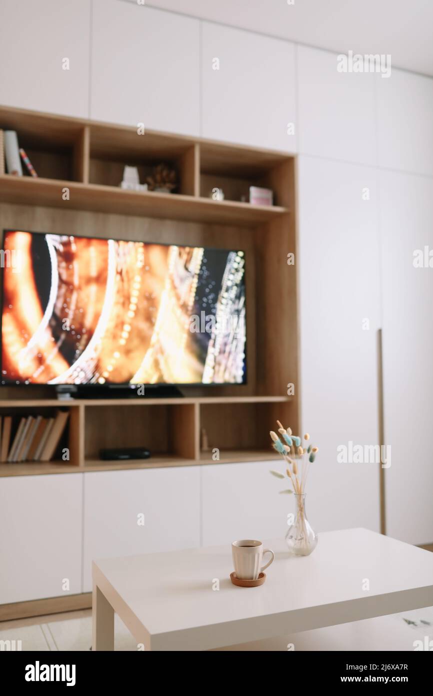 Modern interior design of a living room with tv-set. Minimalistic ...