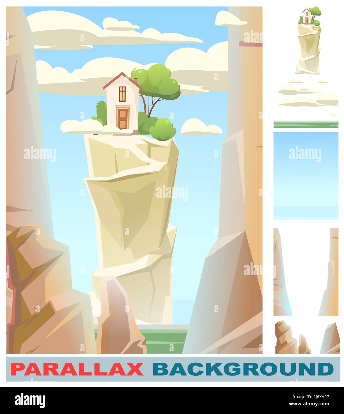 Mountain gorge. Set parallax effect. With house on top. Frame ...