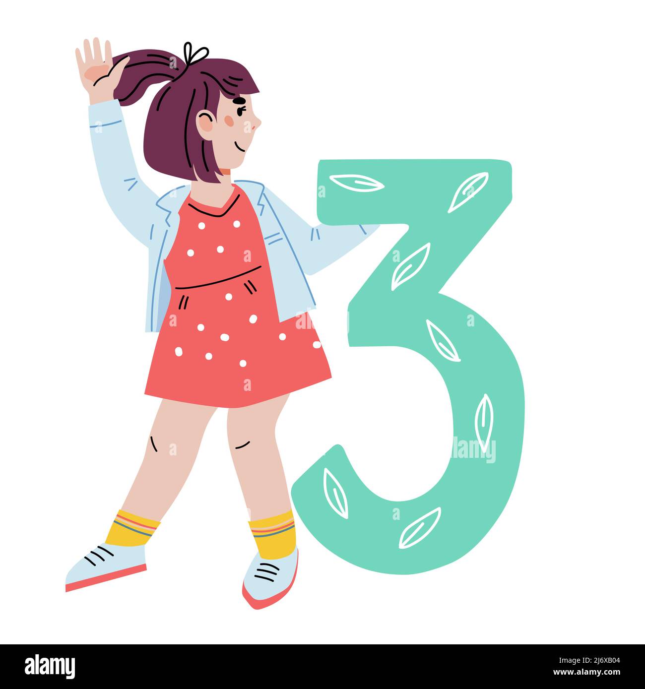 Child girl with figure 3 three, vector cartoon flat illustration ...