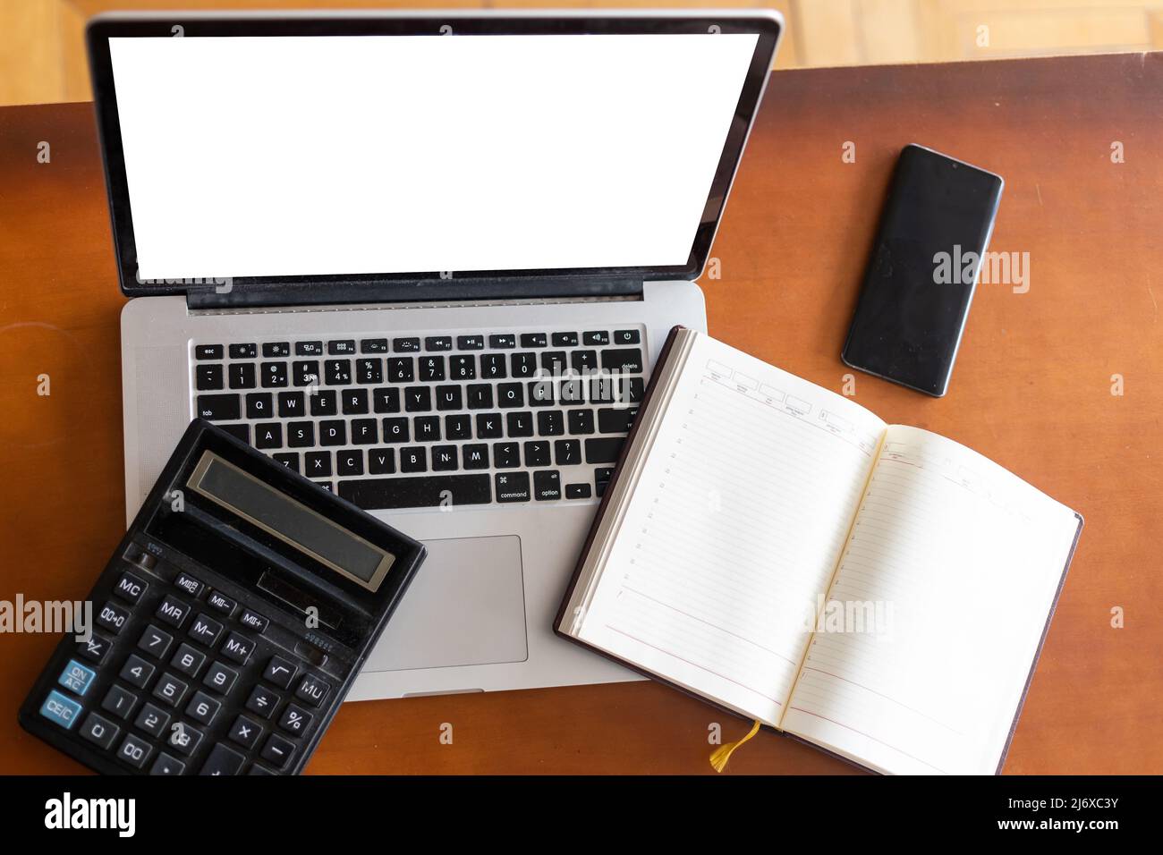 Workspace desk, calculator, Business image, Blank screen computer and ...