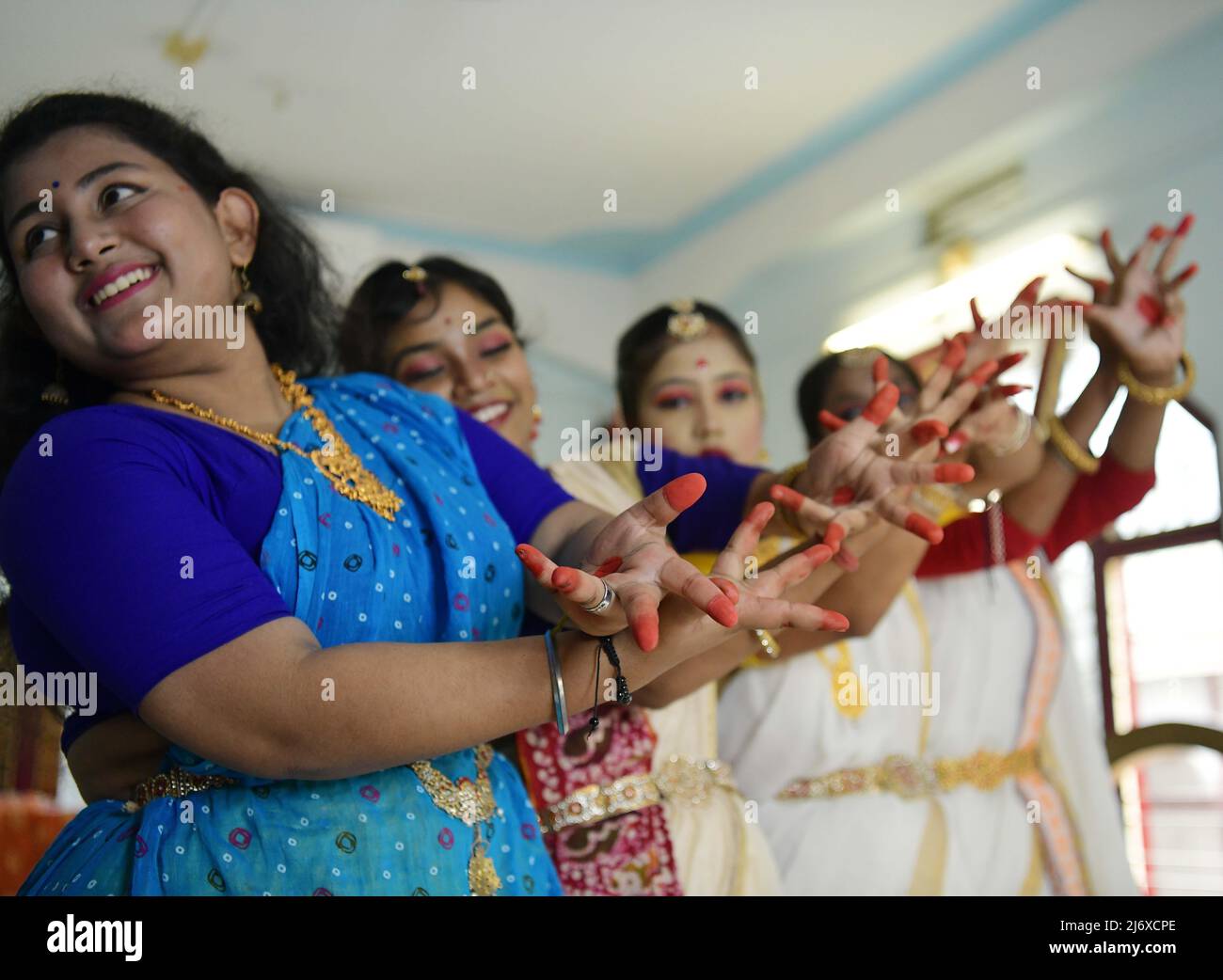 Students of classical dance group prepare for a dance class in a dance ...
