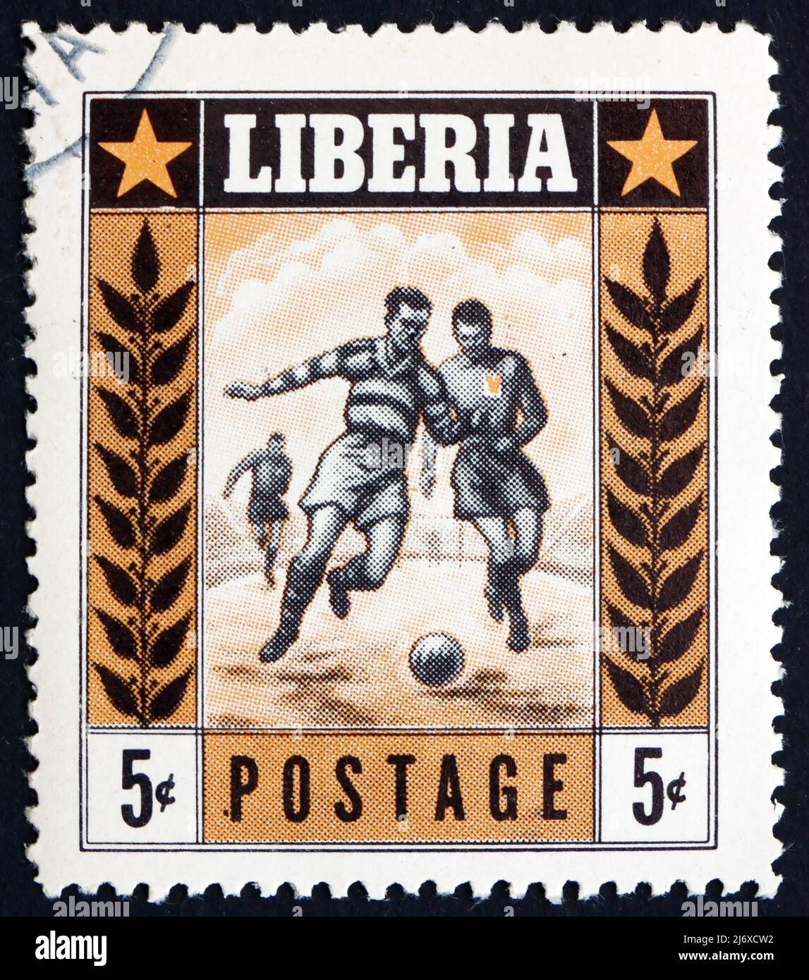 LIBERIA - CIRCA 1955: a stamp printed in the Liberia shows Soccer ...