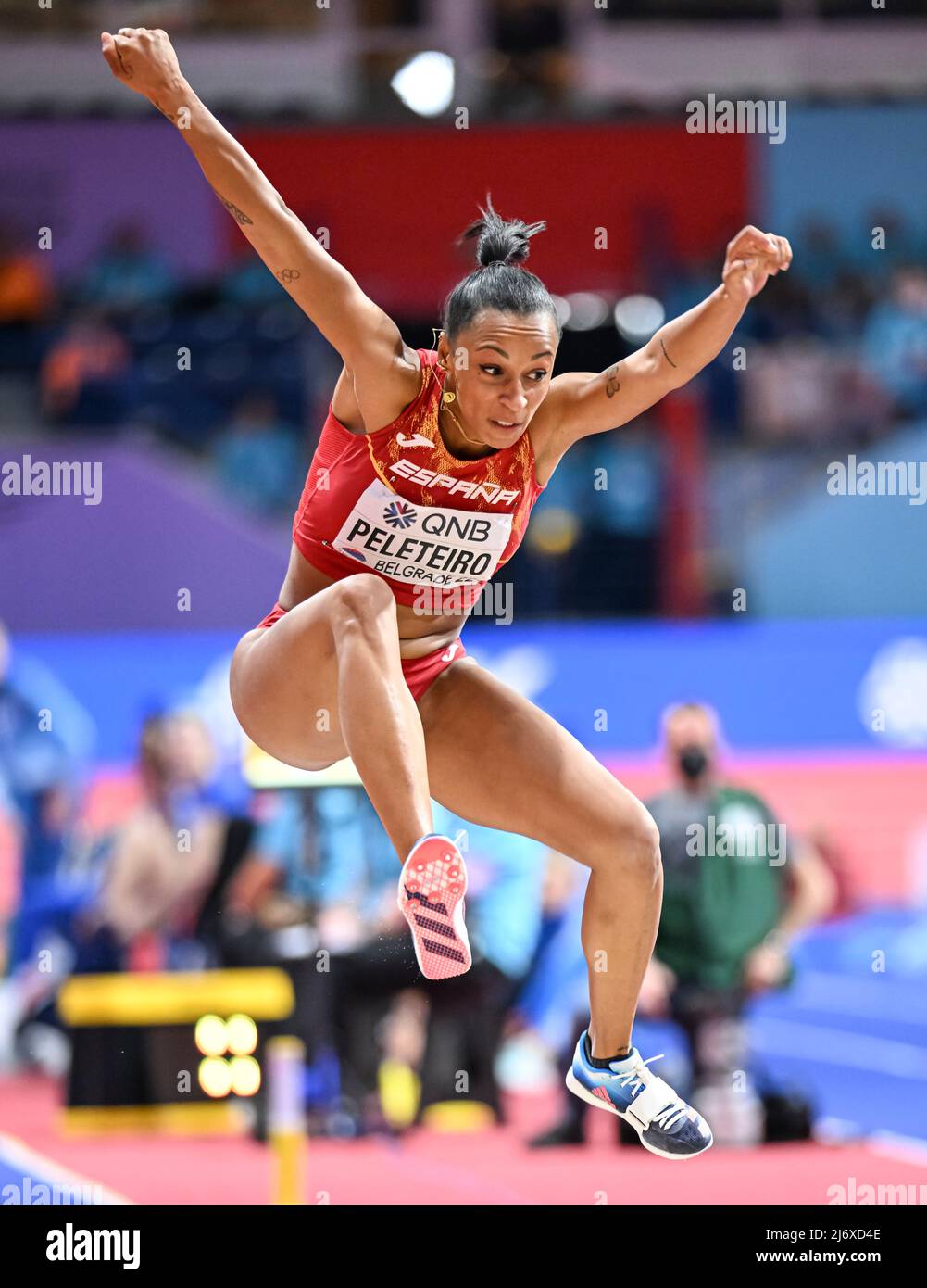 Ana Peleteiro jumping at the Belgrade 2022 Indoor World Championship in ...