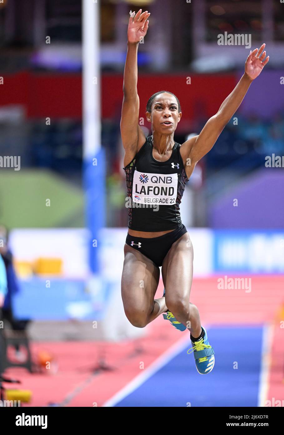 Thea Lafond jumping at the Belgrade 2022 Indoor World Championship in ...