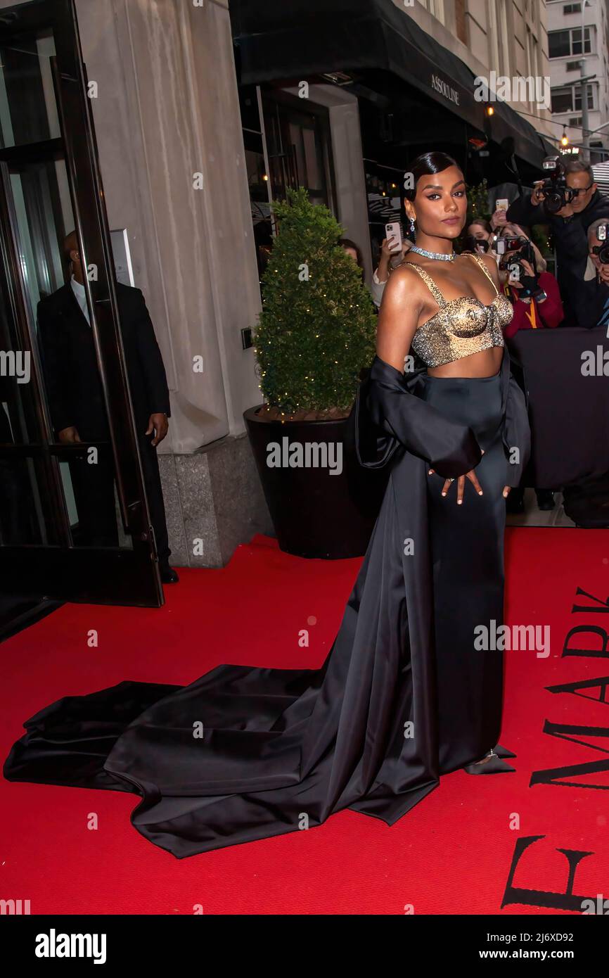 Simone Ashley wearing Moschino departs The Mark Hotel for 2022 Met Gala ...
