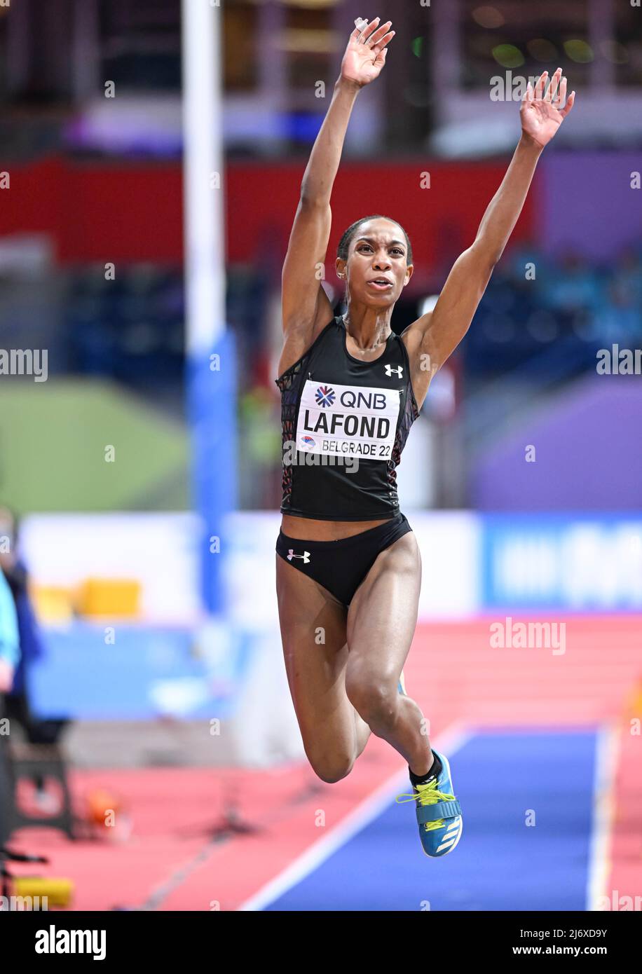 Thea Lafond jumping at the Belgrade 2022 Indoor World Championship in ...