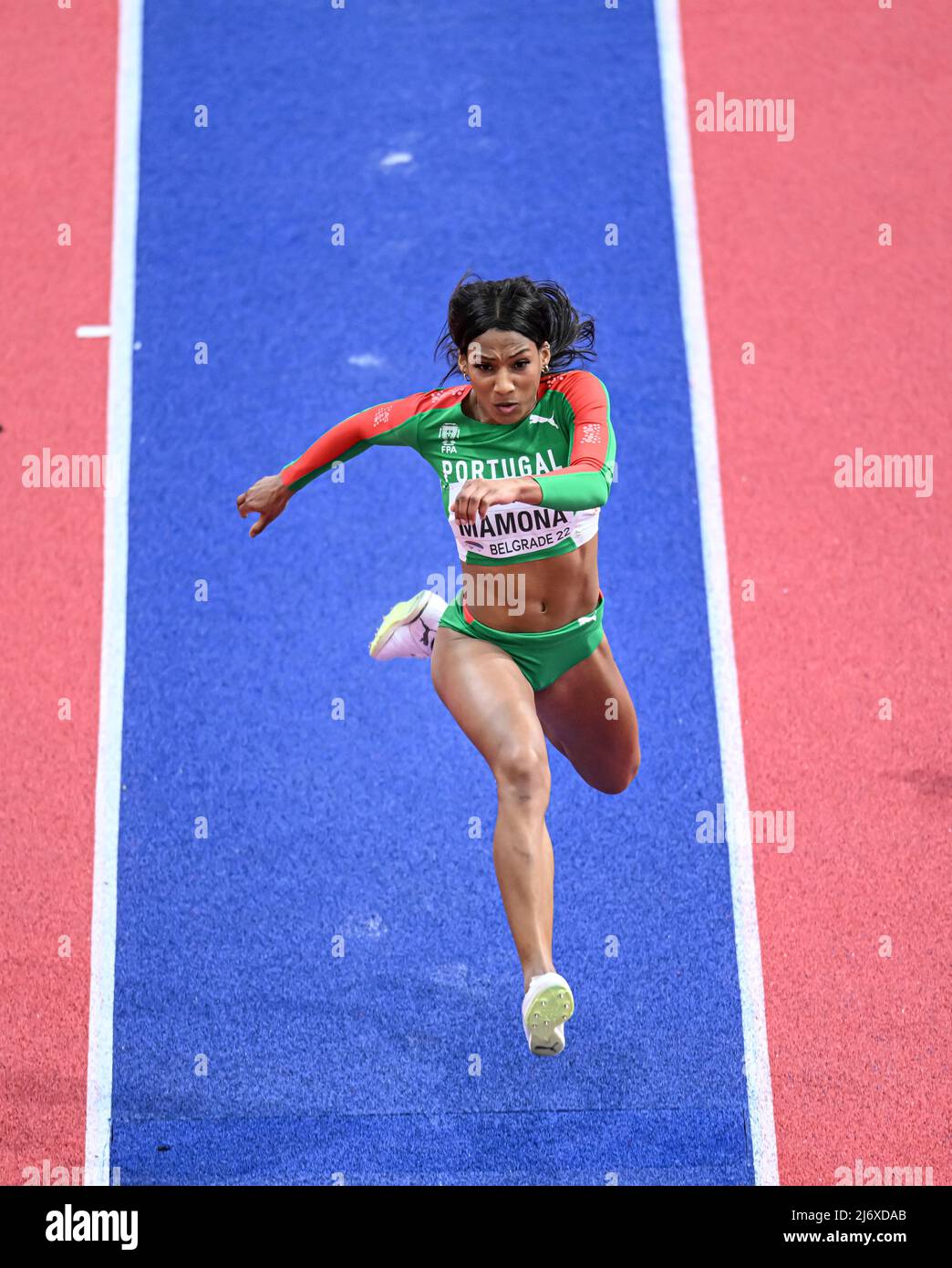 Patricia Mamona jumping at the Belgrade 2022 Indoor World Championship ...