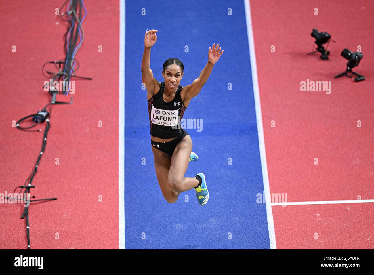 Thea Lafond jumping at the Belgrade 2022 Indoor World Championship in ...