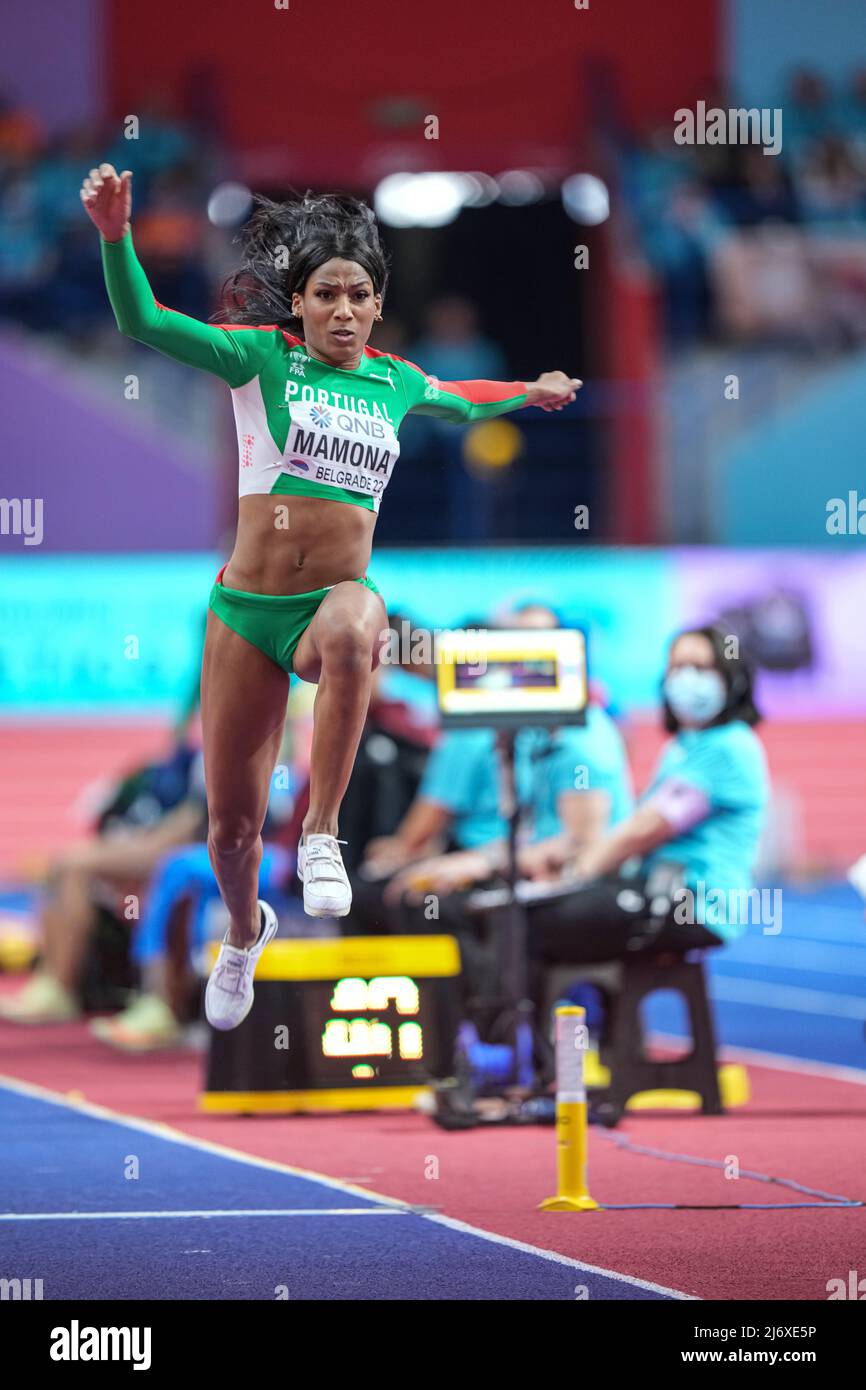 Patricia Mamona jumping at the Belgrade 2022 Indoor World Championship ...