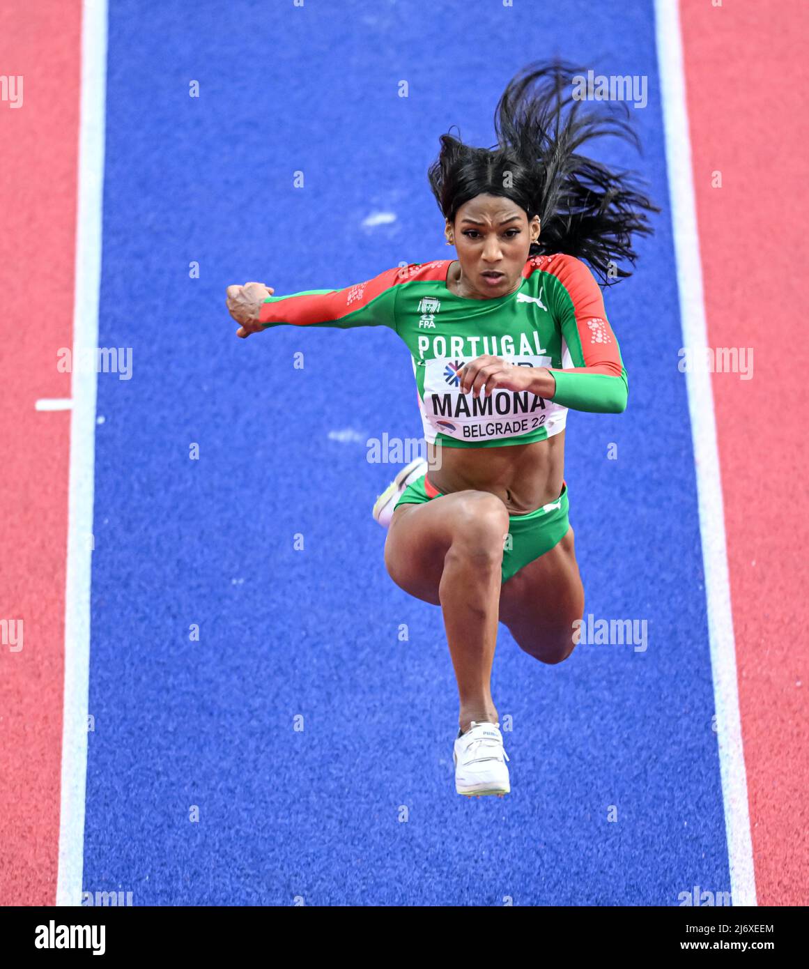 Patricia Mamona jumping at the Belgrade 2022 Indoor World Championship ...
