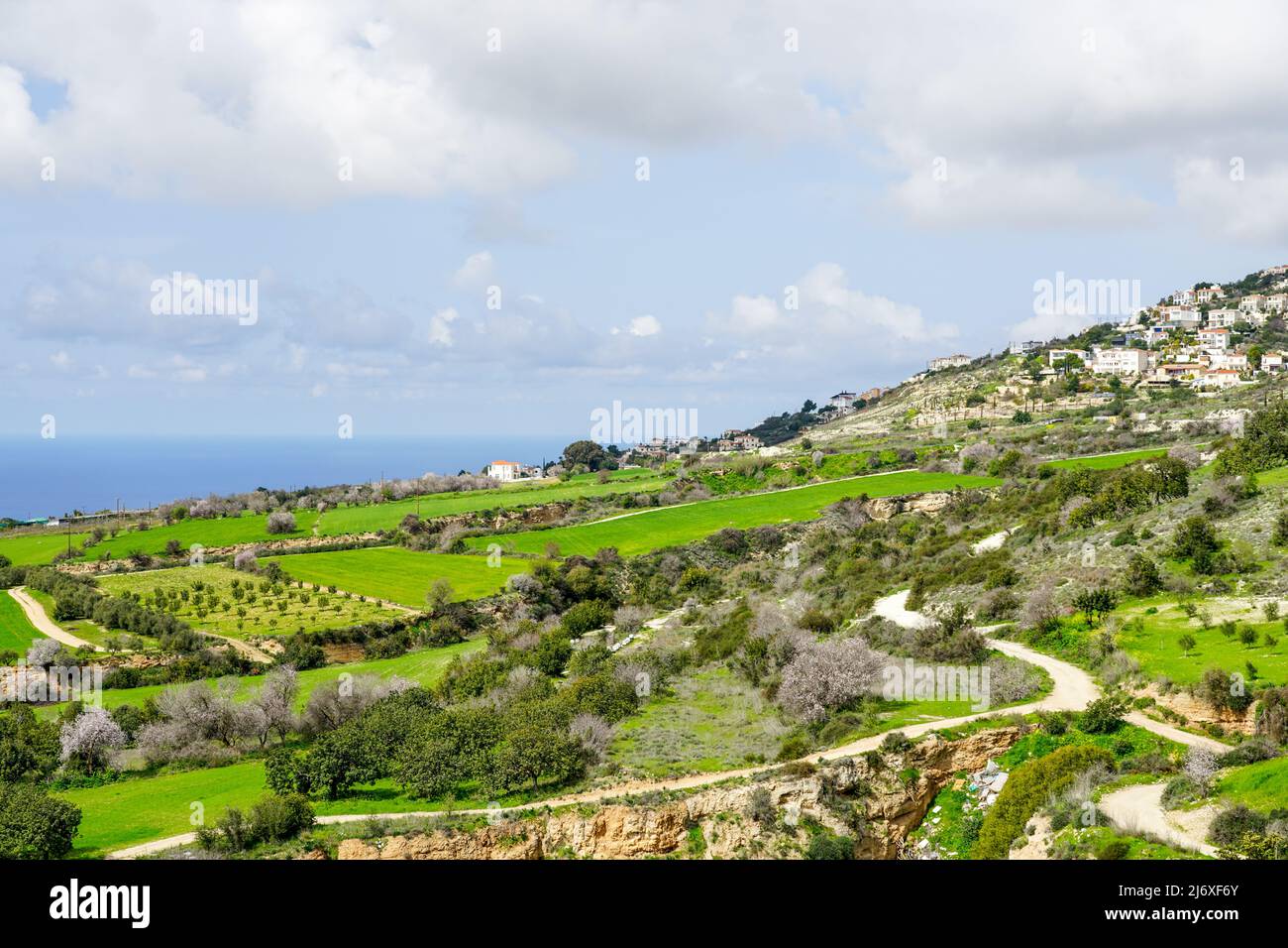 Beautiful spring nature landscape in Cyprus with green fields ...