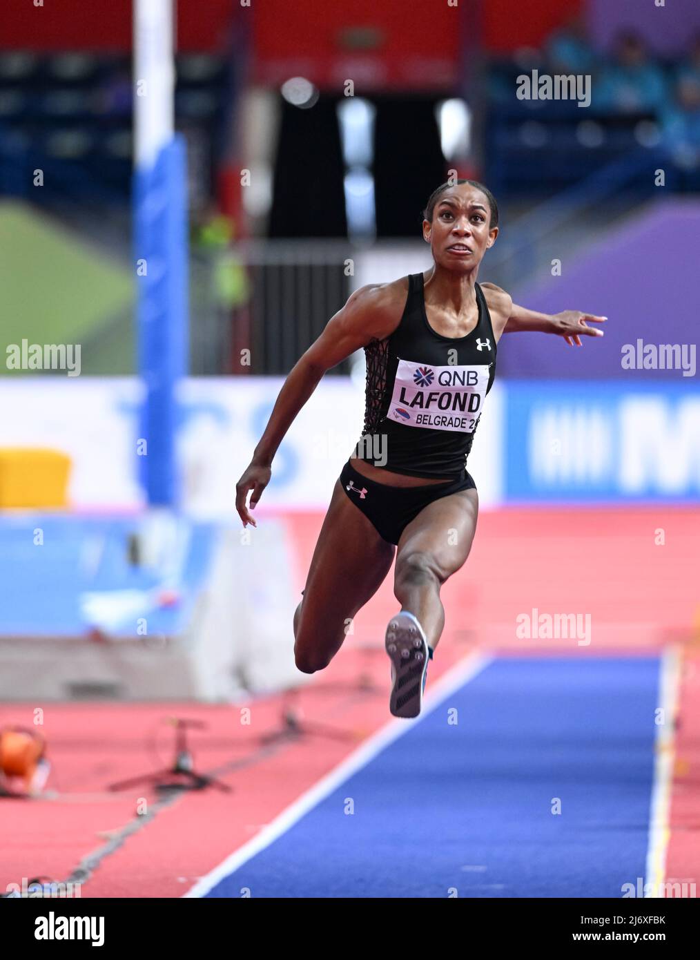 Thea Lafond jumping at the Belgrade 2022 Indoor World Championship in ...