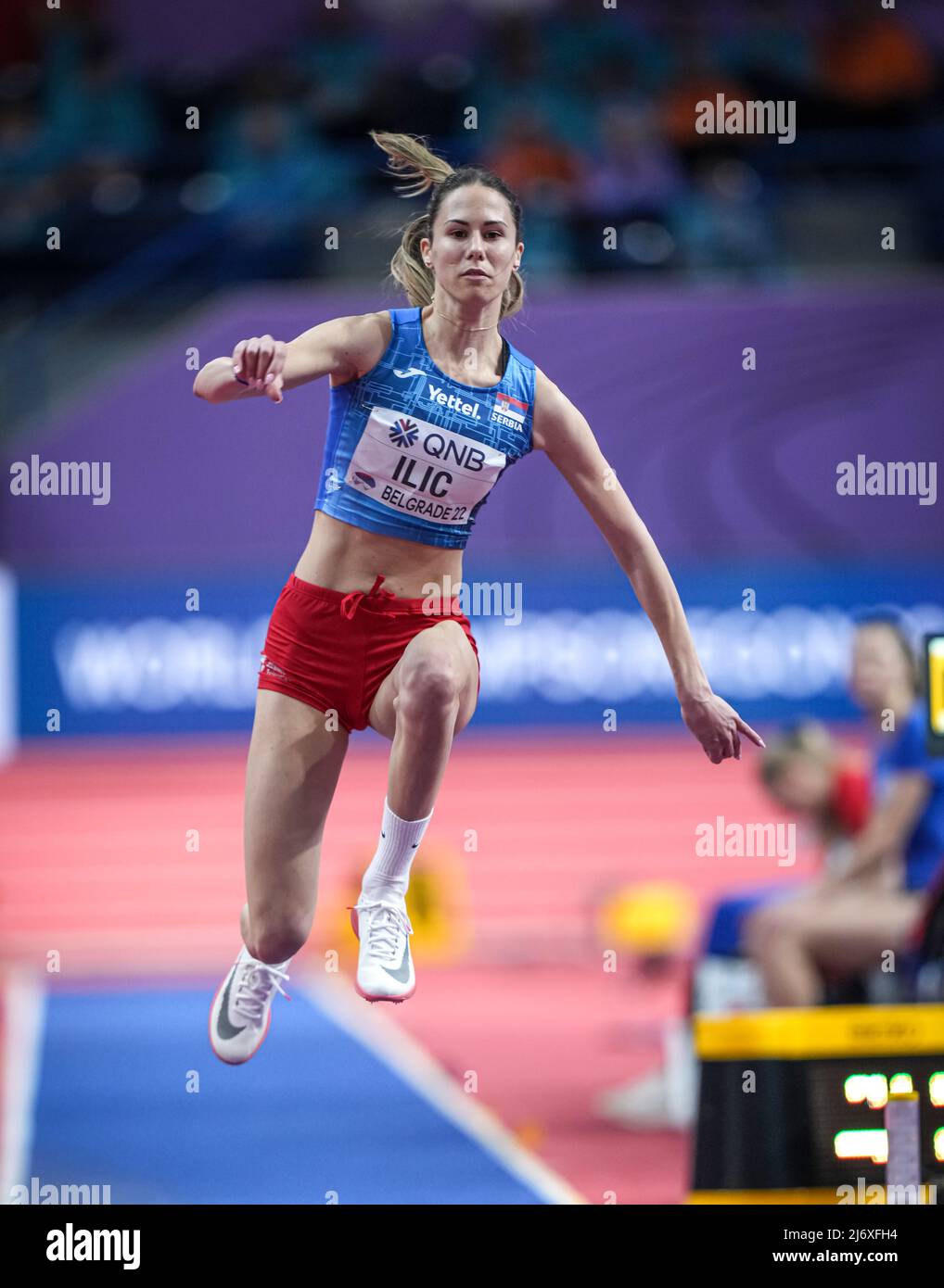 Jovana Ilic jumping at the Belgrade 2022 Indoor World Championship in ...