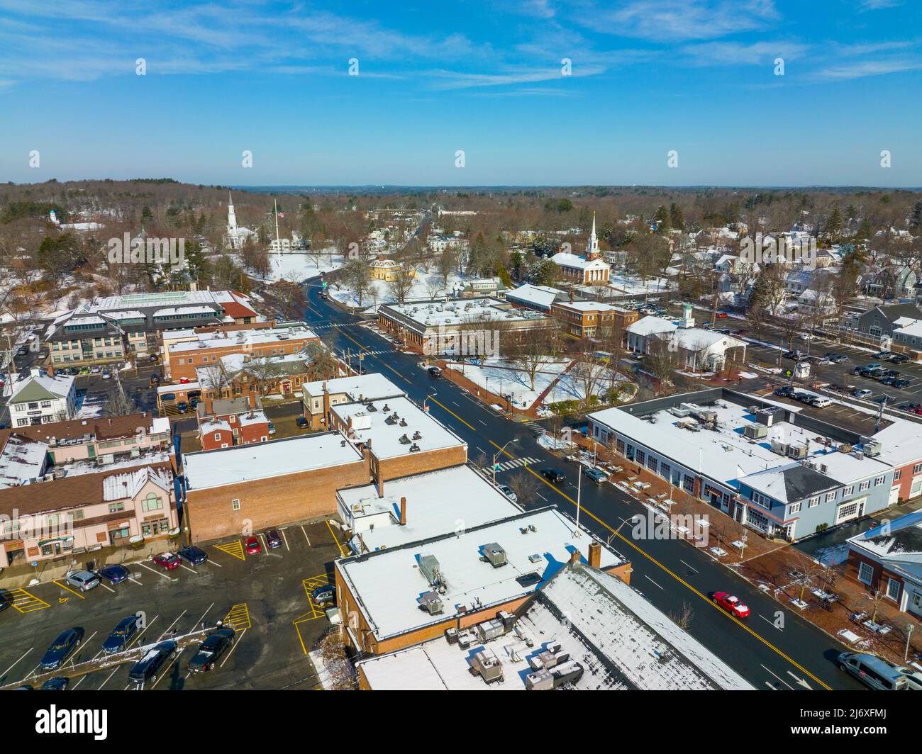 Lexington historic town center aerial view on Massachusetts Avenue in ...