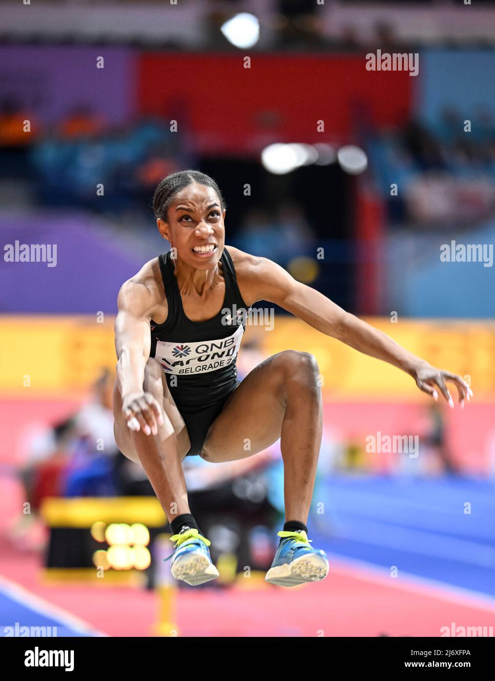 Thea Lafond jumping at the Belgrade 2022 Indoor World Championship in ...