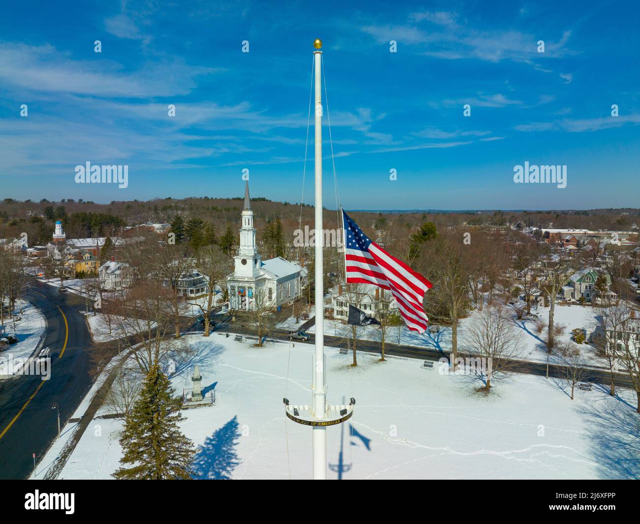USA National Flag on Lexington historic town center aerial view in ...