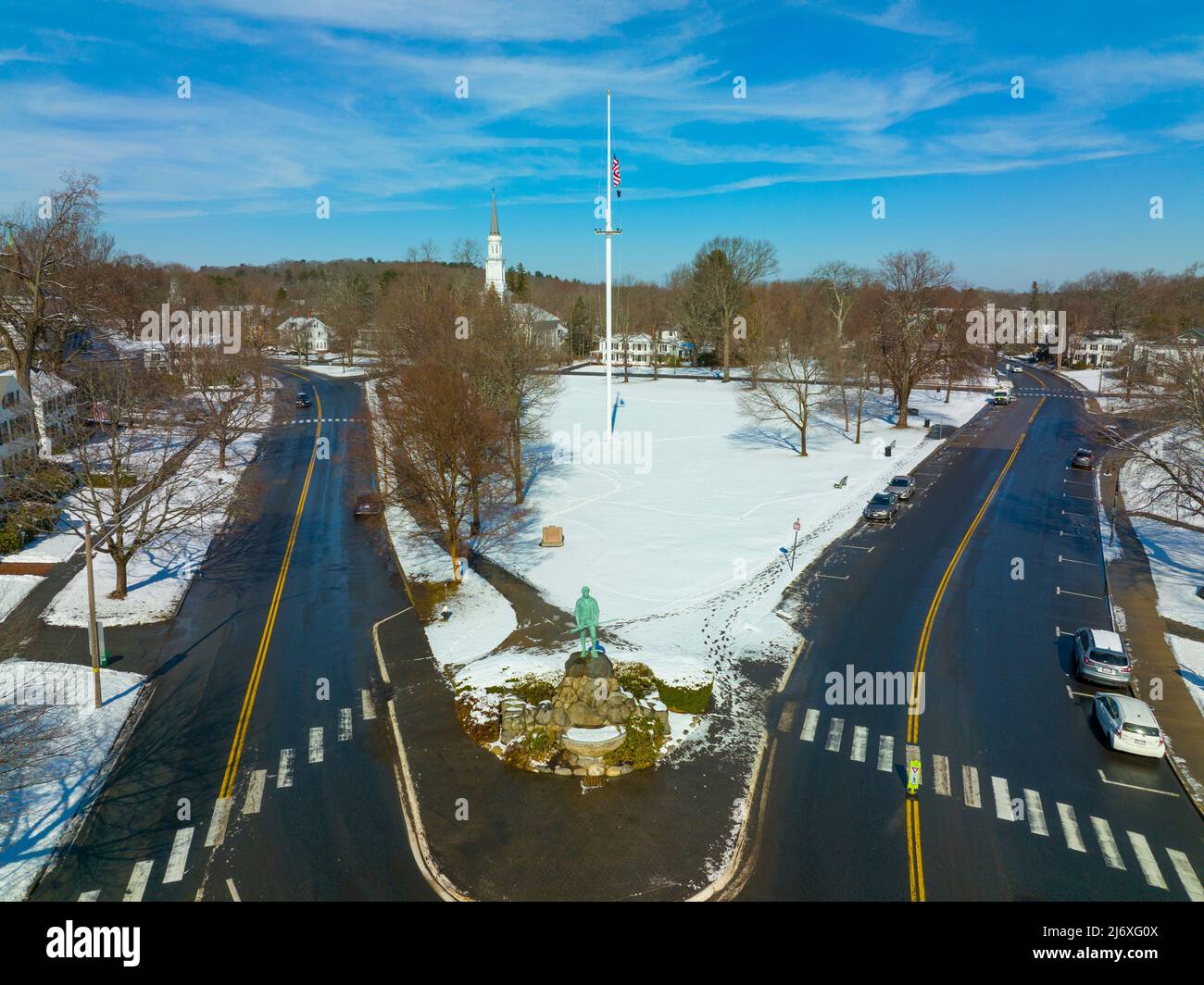 Lexington town center aerial view in winter on Lexington Common and ...