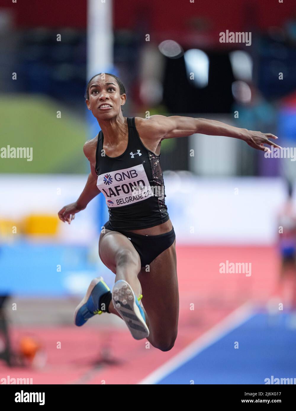 Thea Lafond jumping at the Belgrade 2022 Indoor World Championship in ...