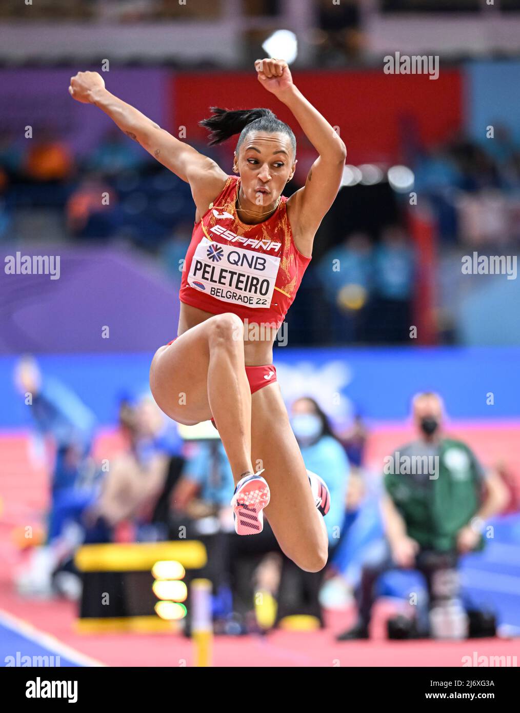Ana Peleteiro jumping at the Belgrade 2022 Indoor World Championship in ...