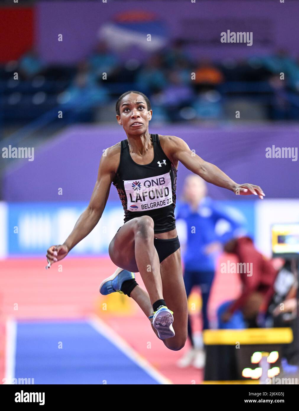 Thea Lafond jumping at the Belgrade 2022 Indoor World Championship in ...