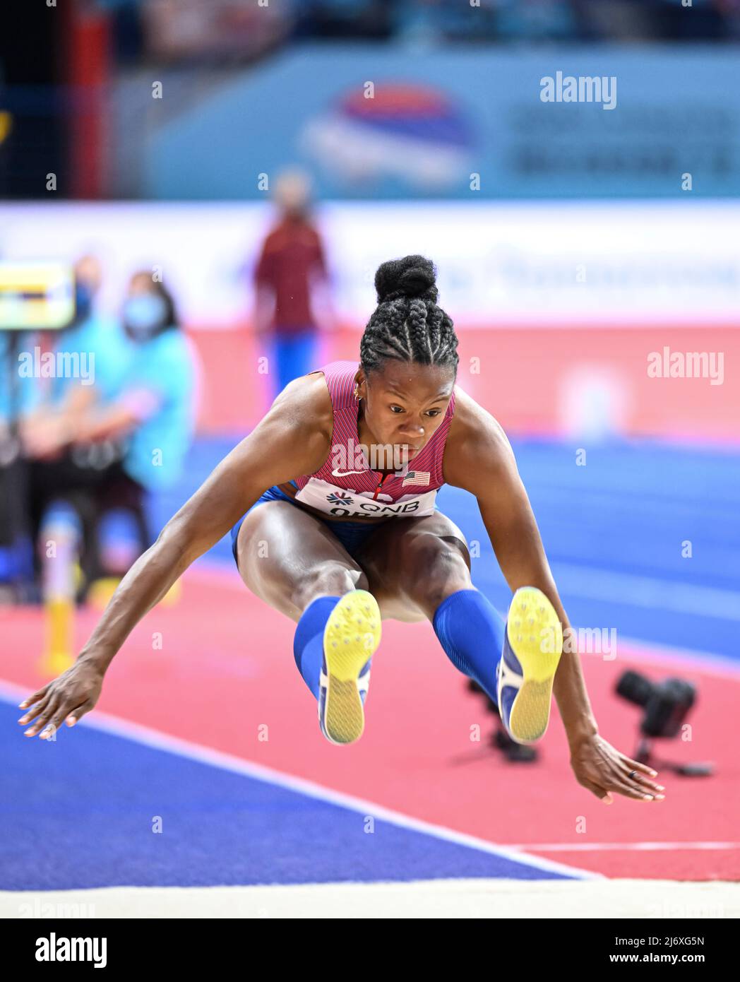 Keturah Orji jumping at the Belgrade 2022 Indoor World Championship in ...