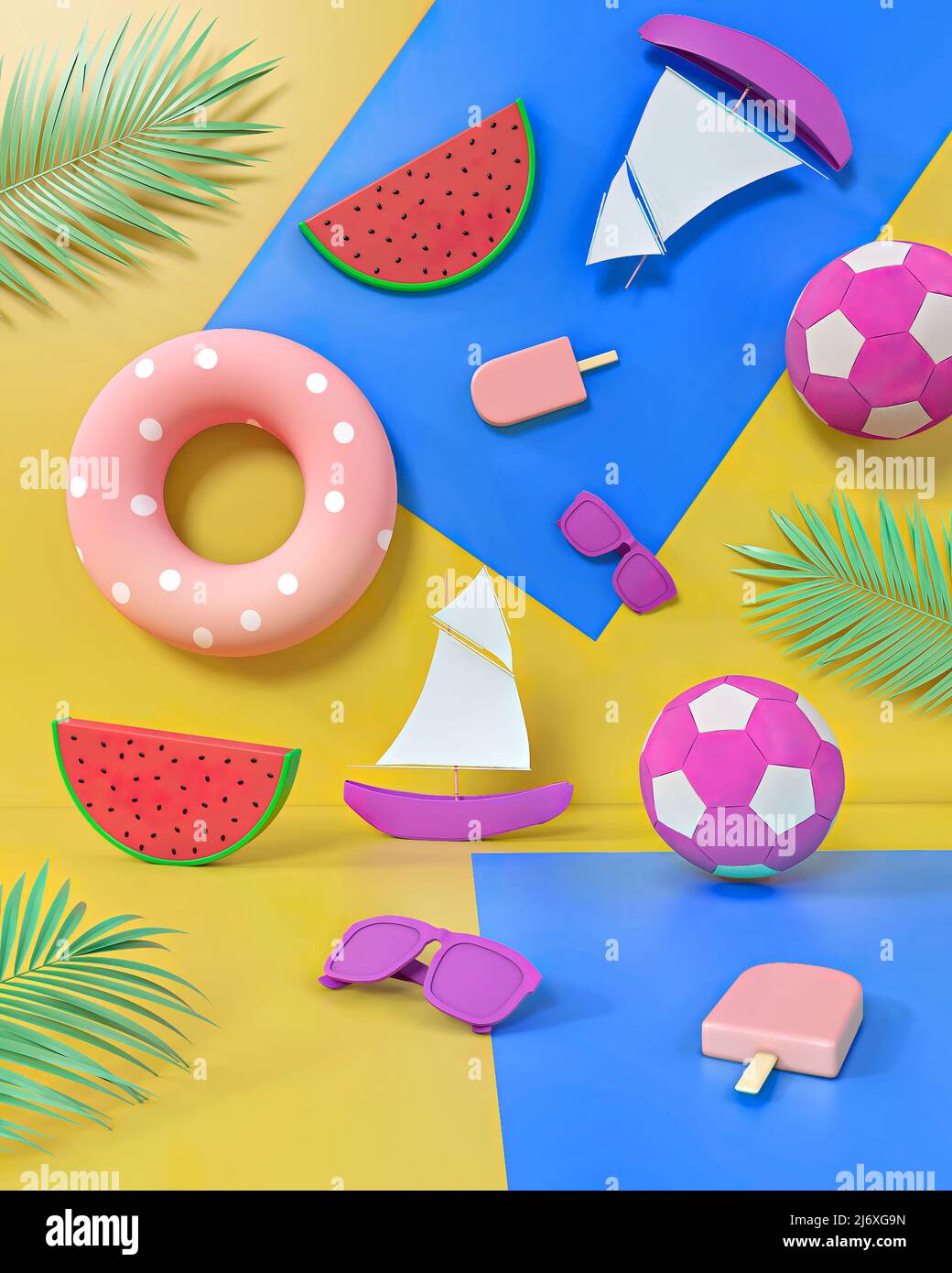 Creative Summer beach party concept on yellow background. 3D ...