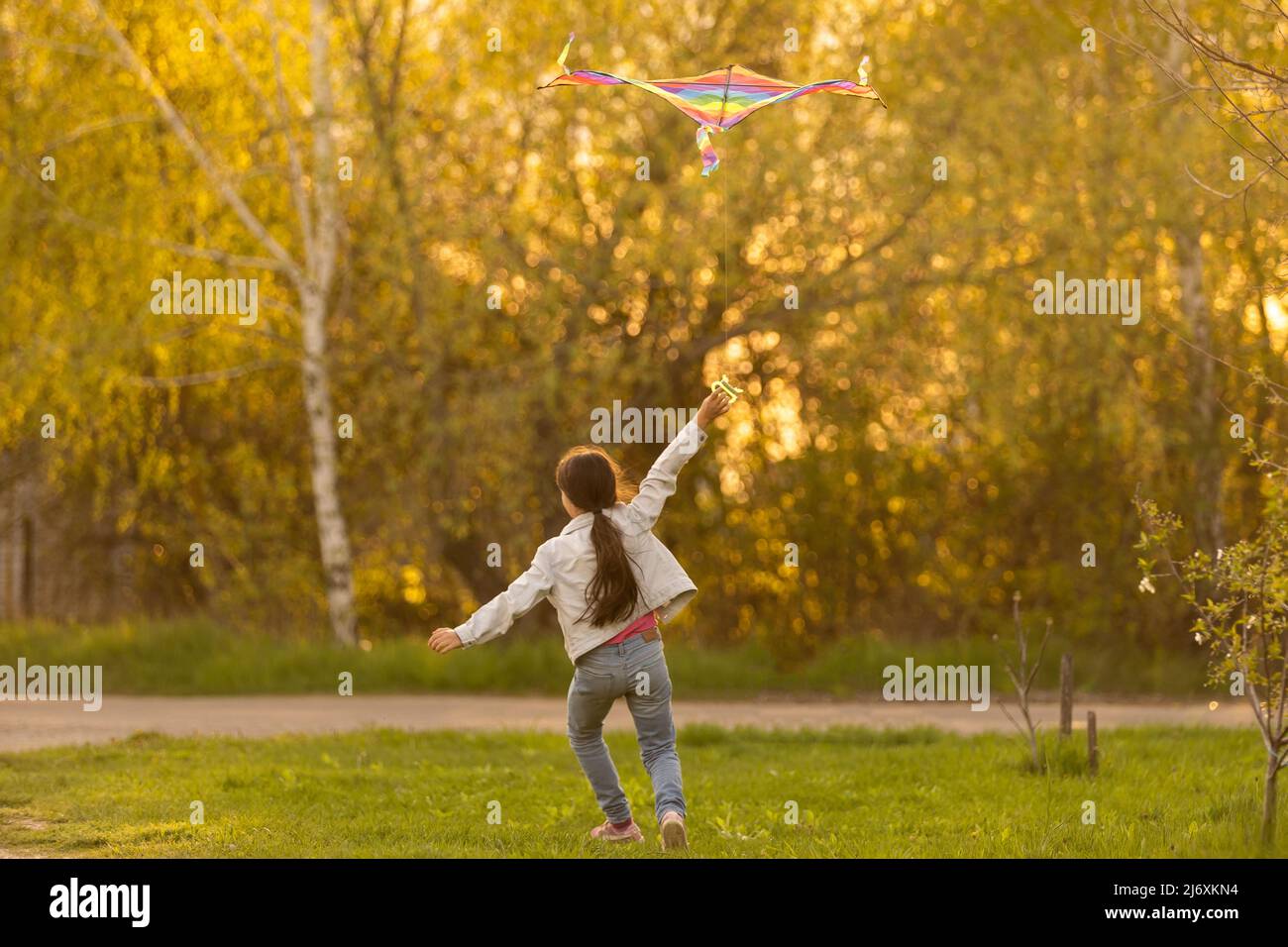 little cute girl flying a kite on a sunny day Stock Photo - Alamy