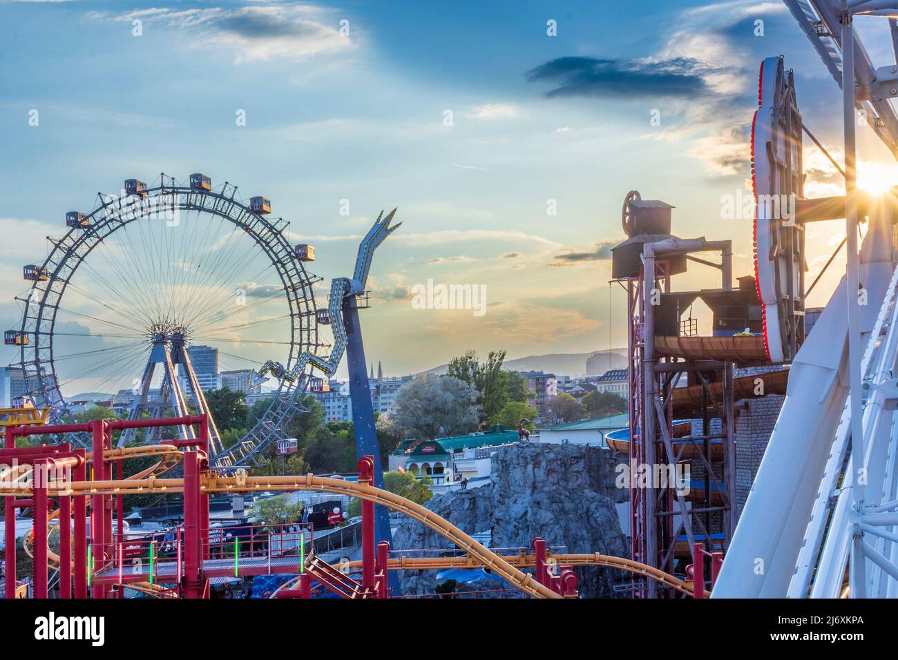 Wien, Vienna: Prater amusement park (Wurstelprater), Ferris Wheel, view ...