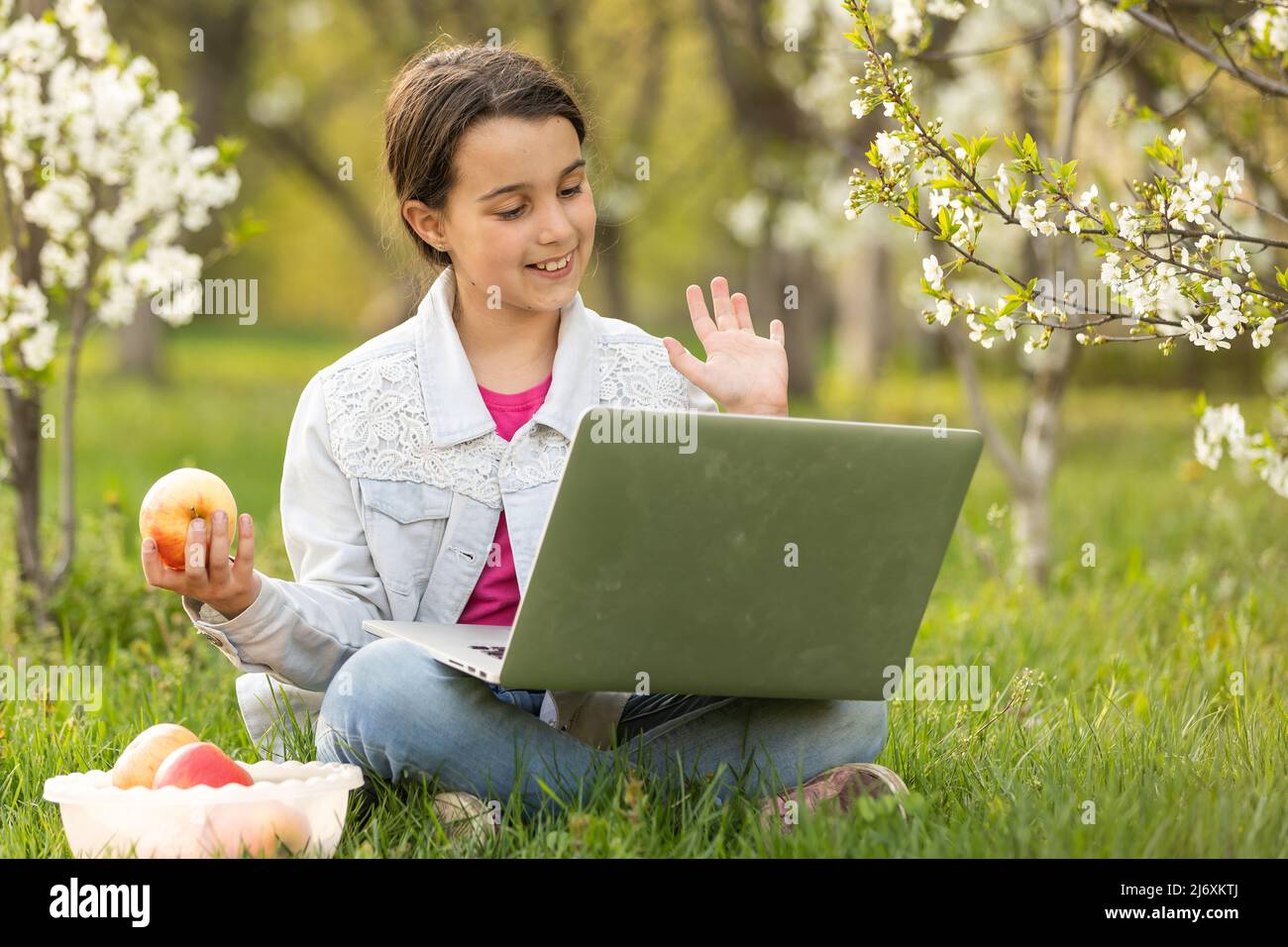 Little girl using laptop computer in a backyard. Child studying at home ...