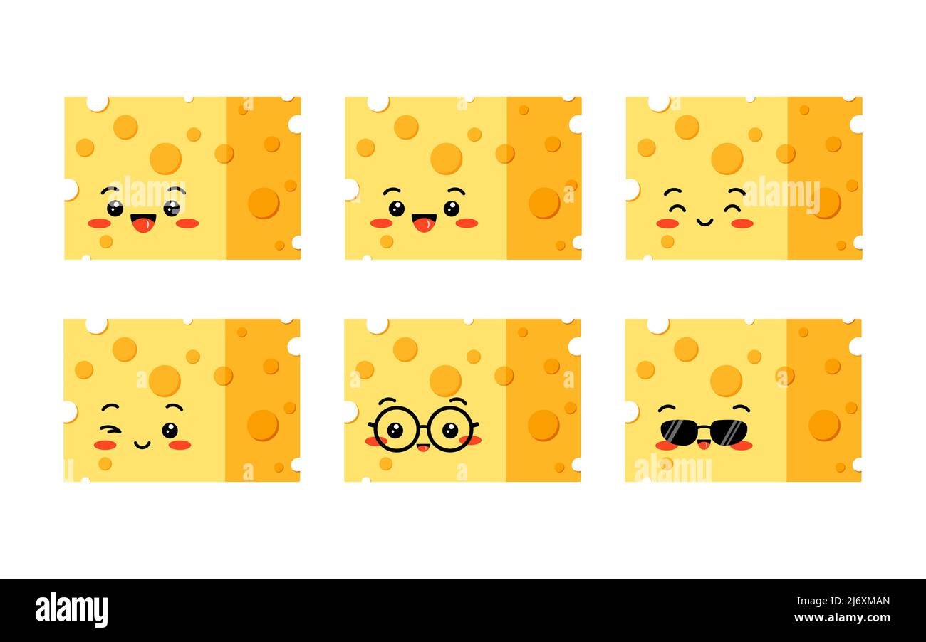 Cheese cube cute character with hole vector set isolated on white ...