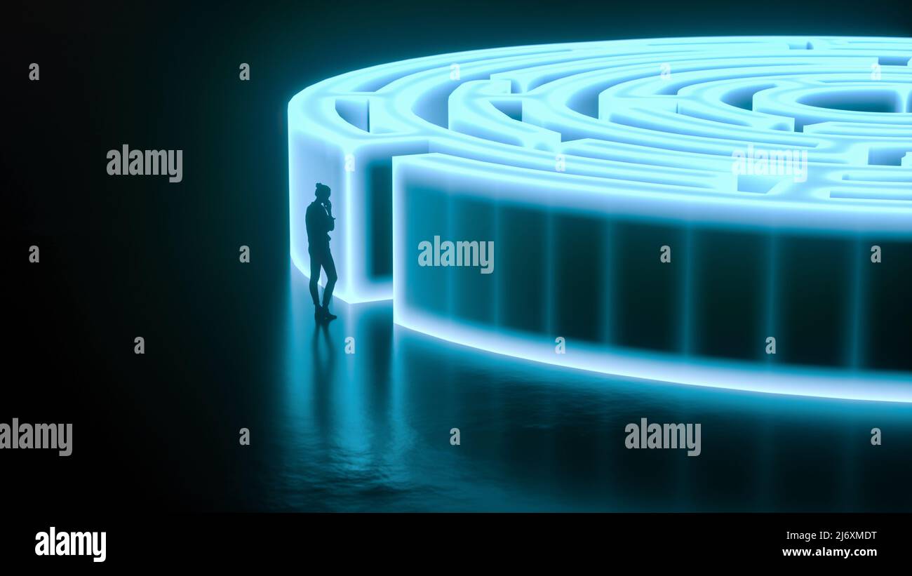 a woman stands in front of a labyrinth (3d rendering Stock Photo - Alamy