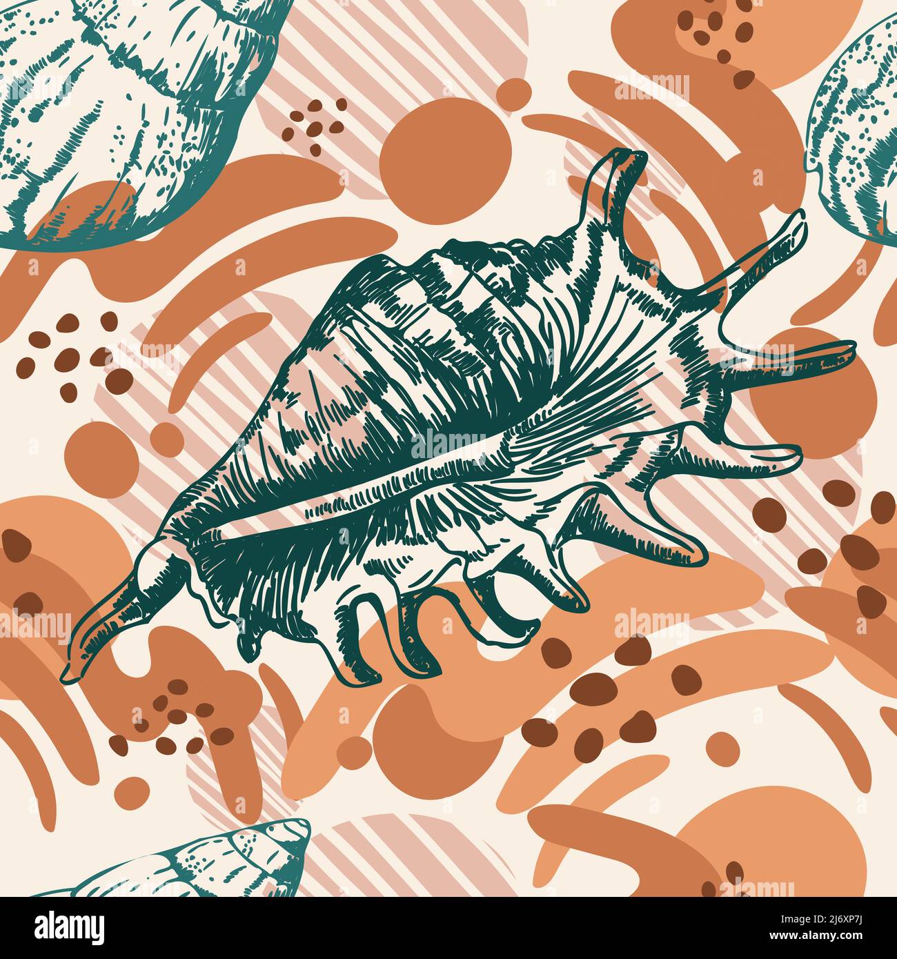 Seamless pattern of seashells. Marine background. Hand drawn vector ...