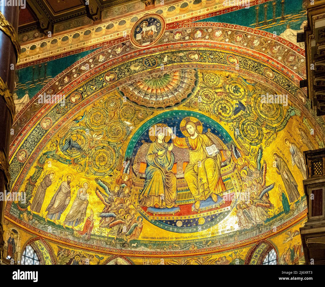 Rome, Italy - May 27, 2018: Apse and presbytery ceiling polychromic ...