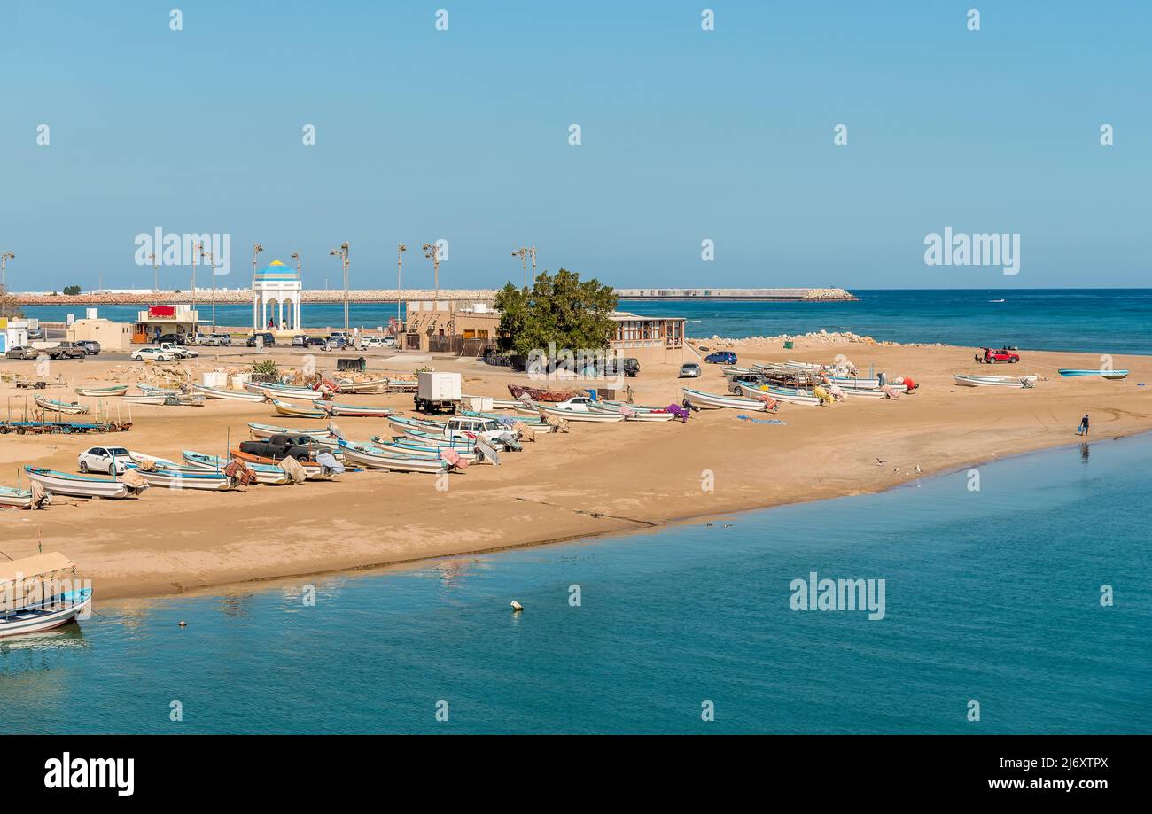 Bay of the Sur city with traditional boats, Sultanate of Oman in the ...