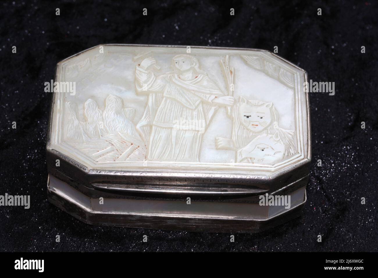 An 18th Century Snuff box carved in mother of pearl and framed in ...