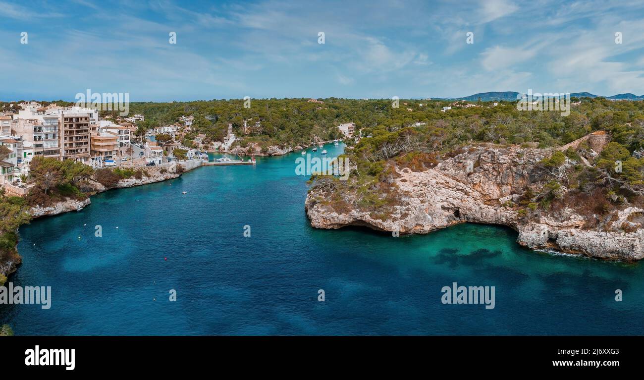 Aerial view of the Porto Colom fishing village in Majorca Stock Photo ...