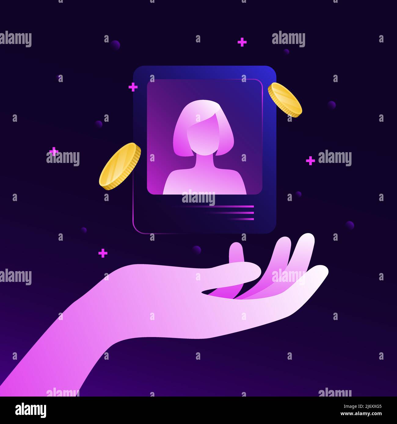 Digital Art in Hand with Coins Flow. Creative NFT Illustration. Vector ...