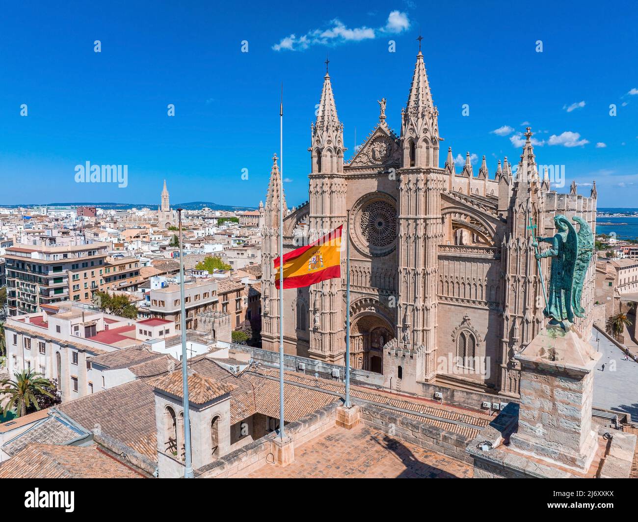 Aerial view of the Spanish flag near the La Seu in Mallorca, Spain ...