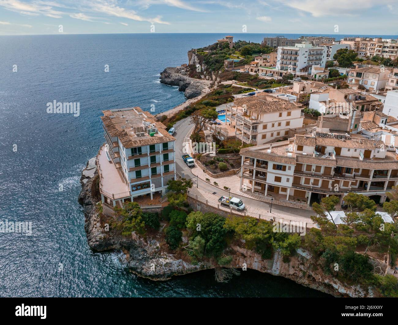 Aerial view of the Porto Colom fishing village in Majorca Stock Photo ...