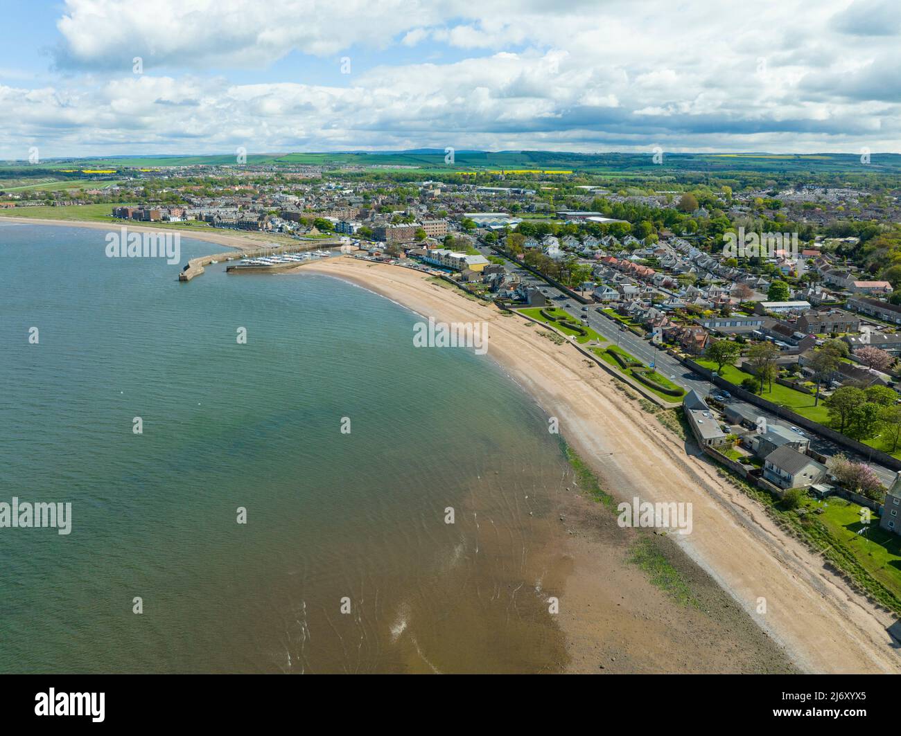 Aerial view from drone of Musselburgh beach in East Lothian, Scotland ...