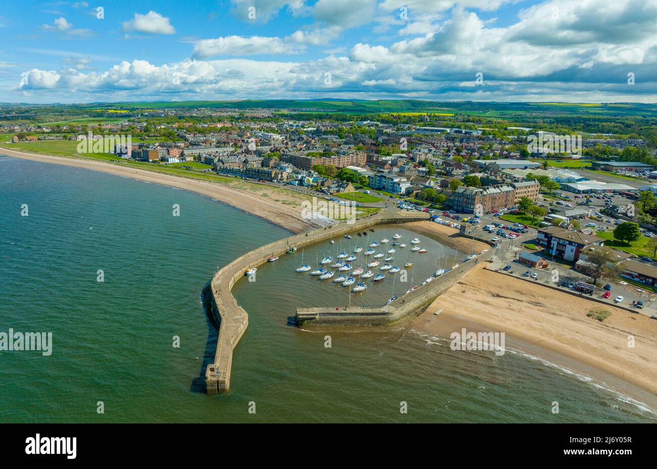 Aerial view from drone of Fisherrow Harbour in Musselburgh in East ...