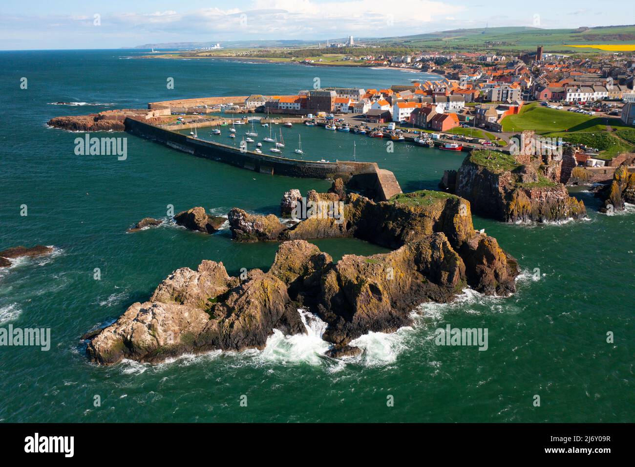 Aerial view of town and harbour at Dunbar in East Lothian, Scotland, Uk ...