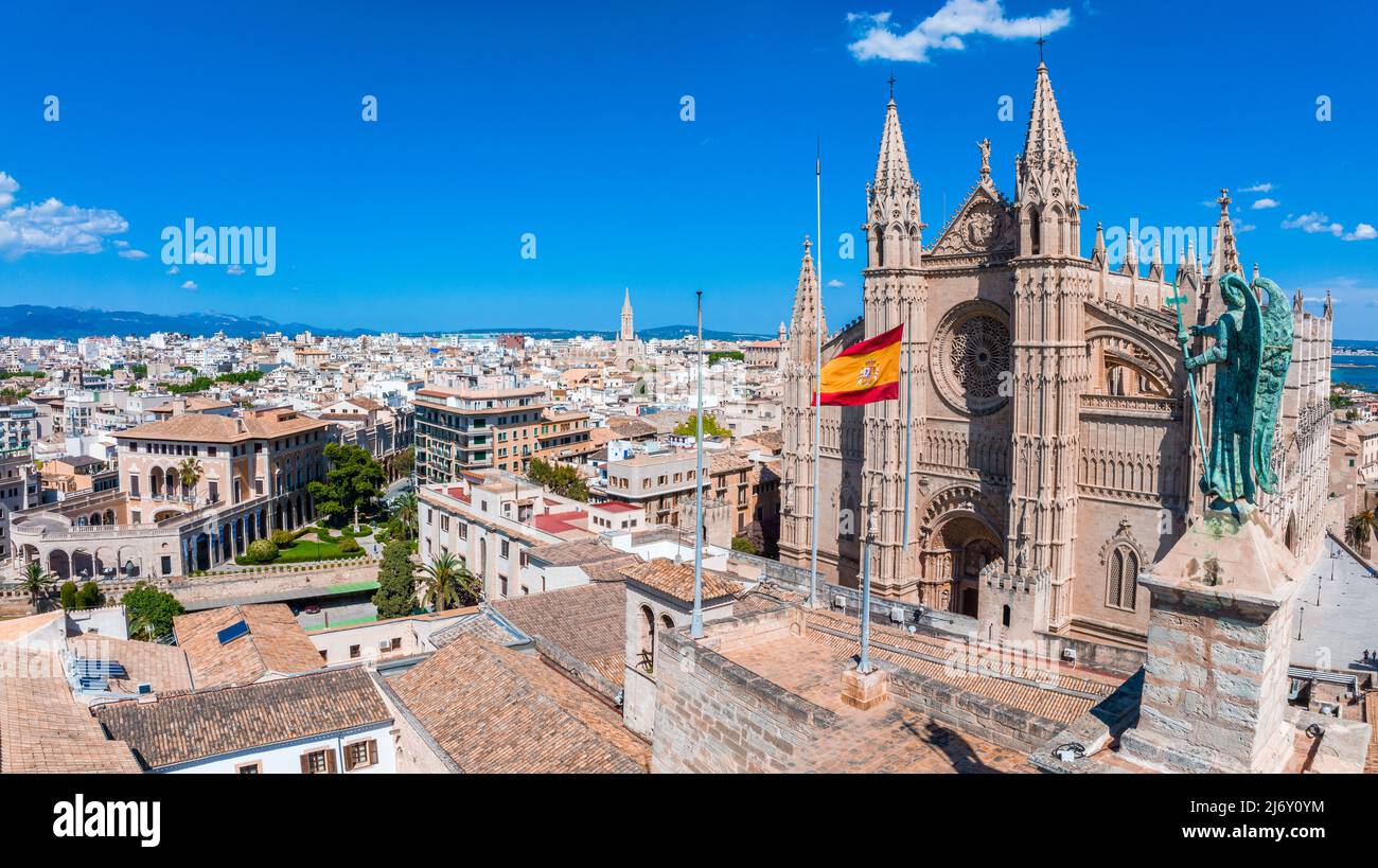 Aerial view of the Spanish flag near the La Seu in Mallorca, Spain ...